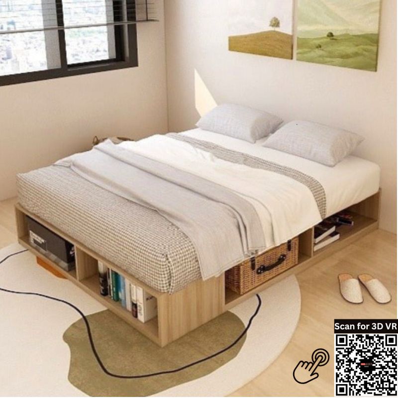 Tatami Platform Storage Bed Queen Size 6-Open Shelves 2-Top Swing Door ...